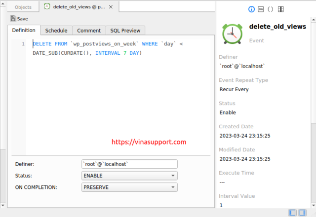 Tạo và quản lý Event Scheduler trong MySQL / MariaDB - VinaSupport Tạo và quản lý Event Scheduler trong MySQL / MariaDB - VinaSupport