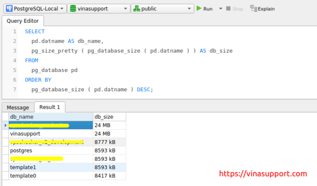 Hiển thị kích thước các bảng trên PostgreSQL Database - VinaSupport